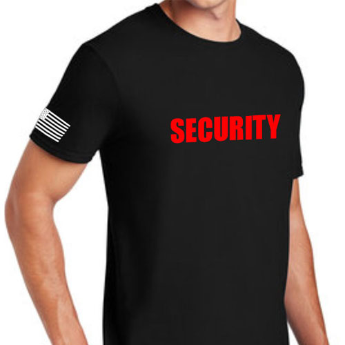 Black security shirt with red imprint
